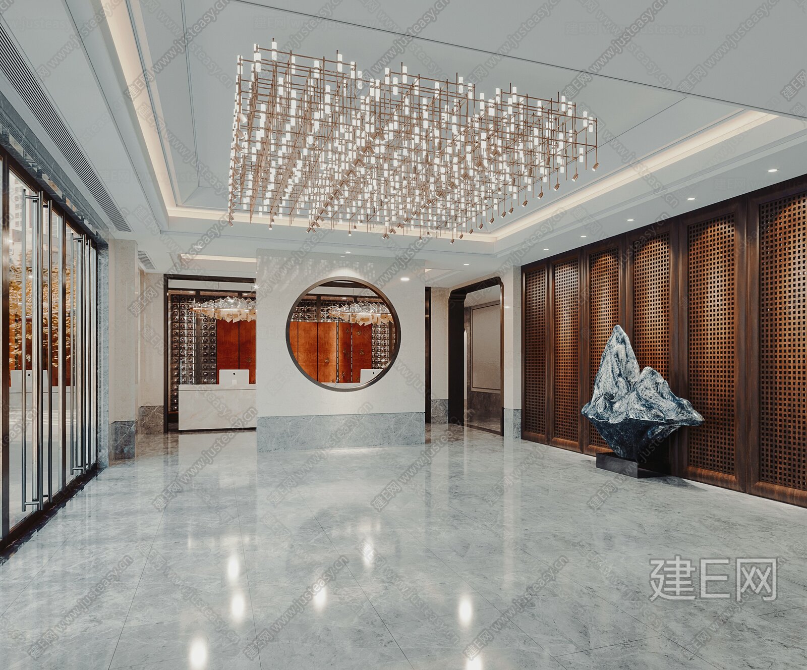 【新中式酒店前台接待大厅3d模型】建e网新中式酒店前台接待大厅3d模型下载 Id103892579 打造3d新中式酒店前台接待大厅模型