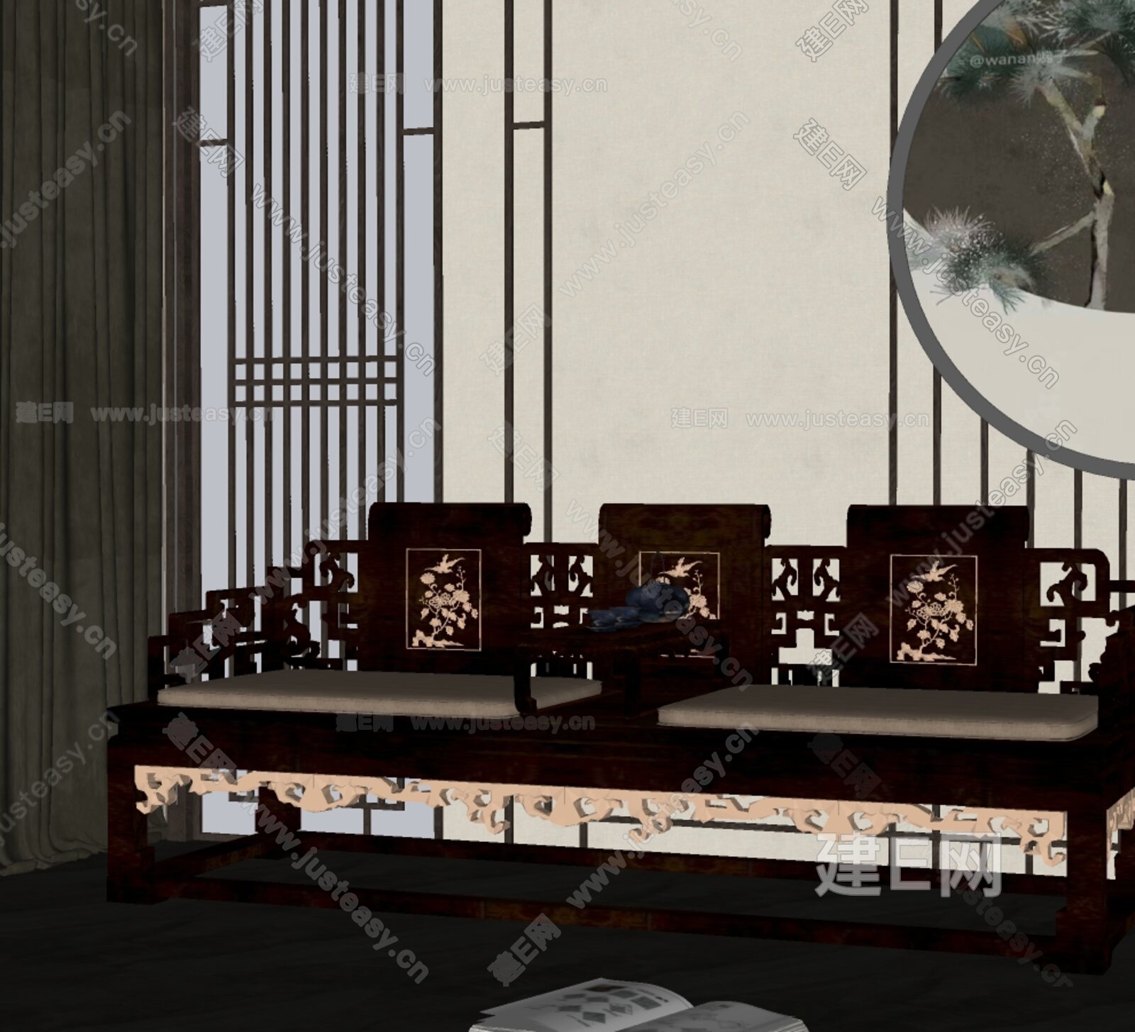 新中式双人沙发 实木模型SU模型下载[ID:115295826]_建e网su模型