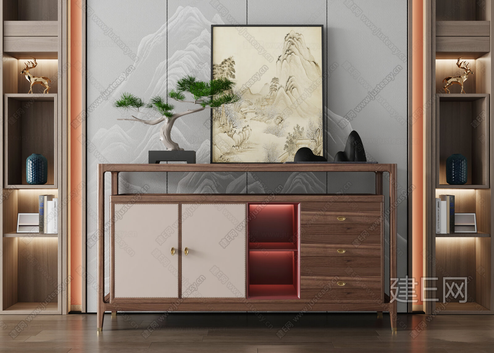 【新中式餐边柜3d模型】建e网新中式餐边柜3d模型下载 Id110252074 打造3d新中式餐边柜模型免费下载平台