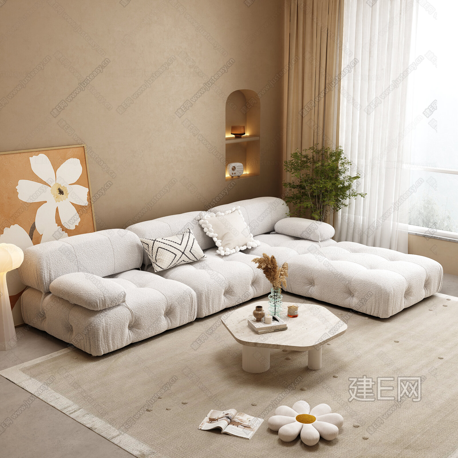 【现代奶油风沙发茶几组合3d模型】建e网现代奶油风沙发茶几组合3d模型下载 Id111497396 打造3d现代奶油风沙发茶几组合模型