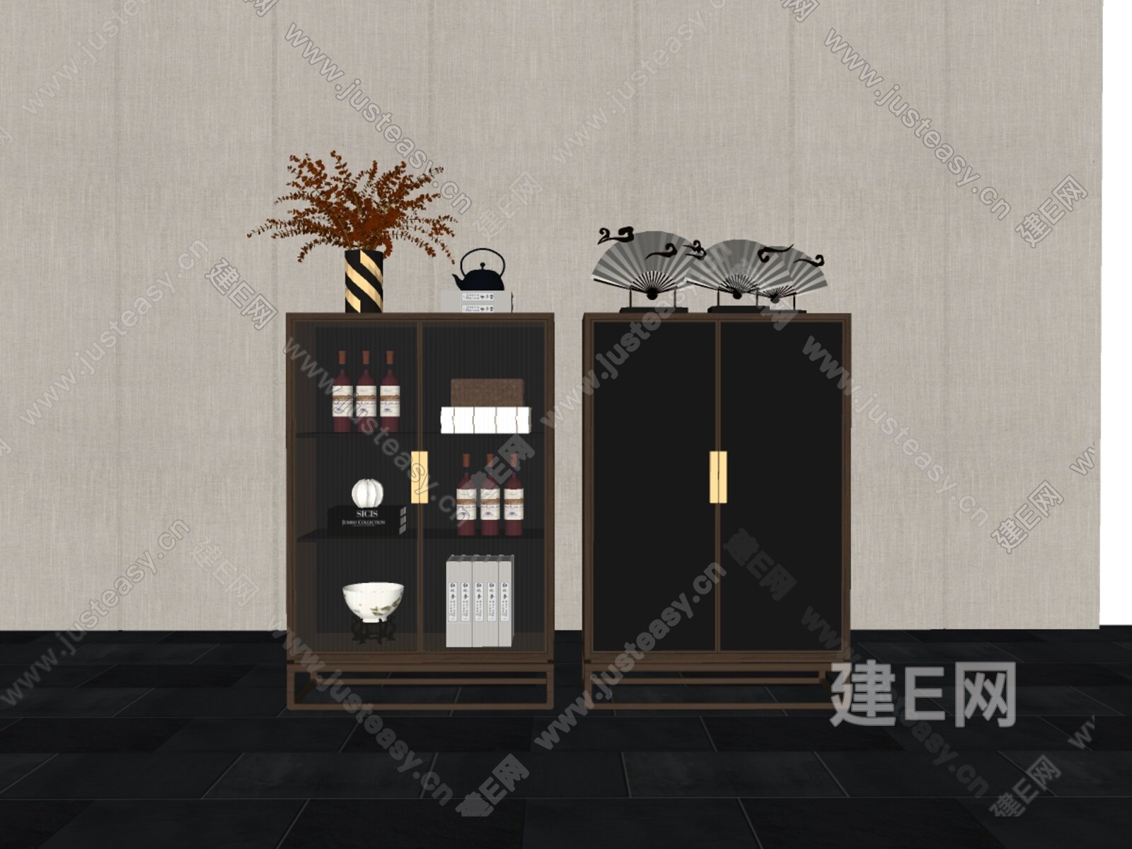 新中式酒柜装饰柜组合模型SU模型下载[ID:105794355]_建e网su模型