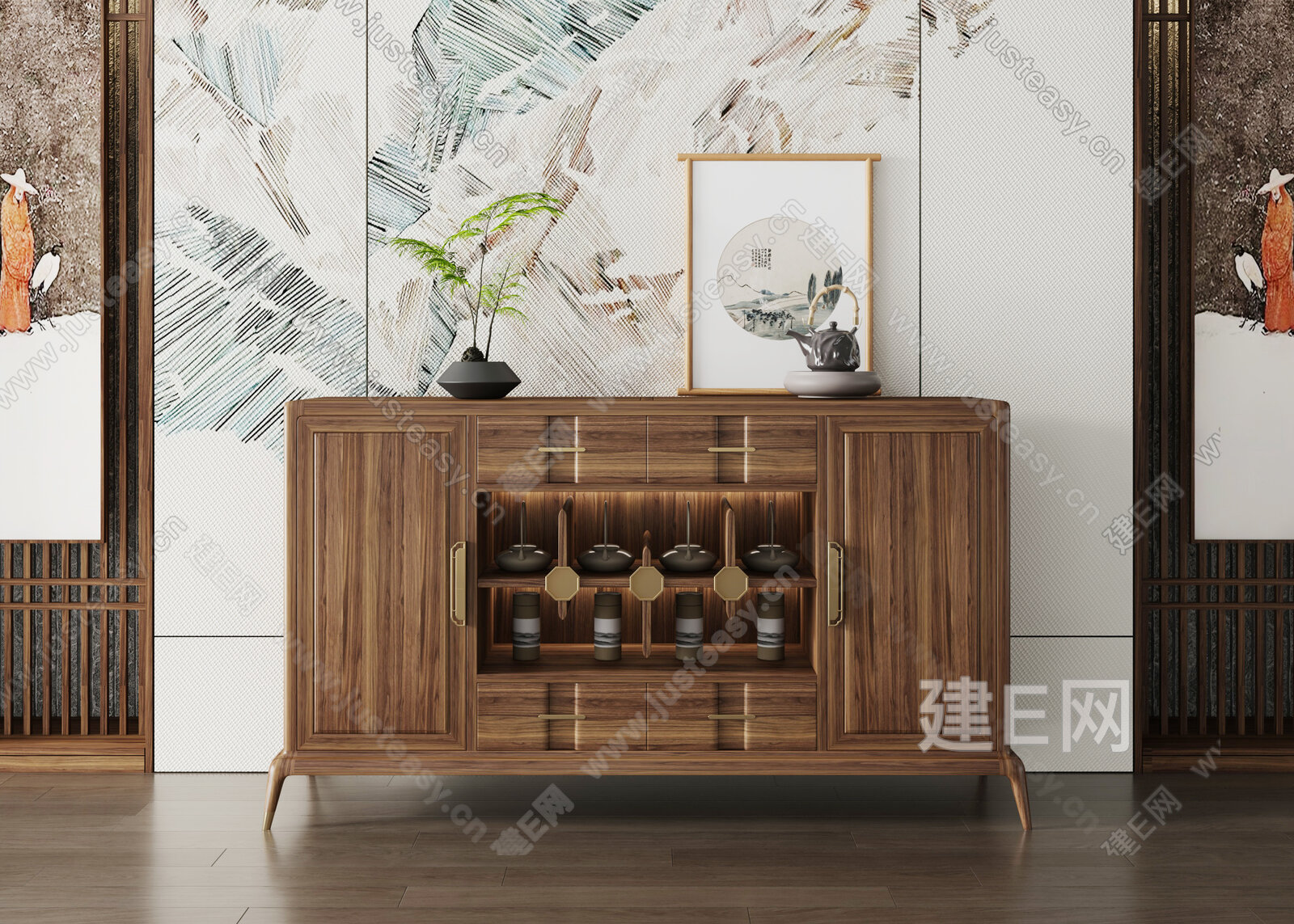 【新中式餐边柜3d模型】建e网新中式餐边柜3d模型下载 Id107959352 打造3d新中式餐边柜模型免费下载平台