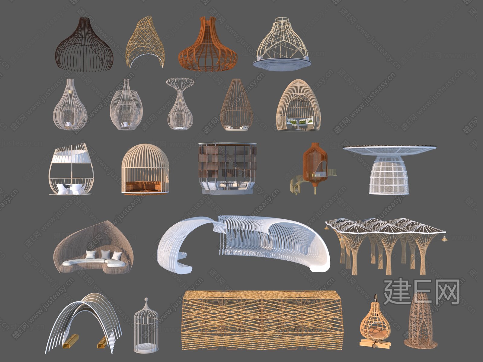 【现代异形参数化鸟笼 编藤竹构格栅景观廊架3d模型】建e网现代异形参数化鸟笼 编藤竹构格栅景观廊架3d模型下载 Id109141177