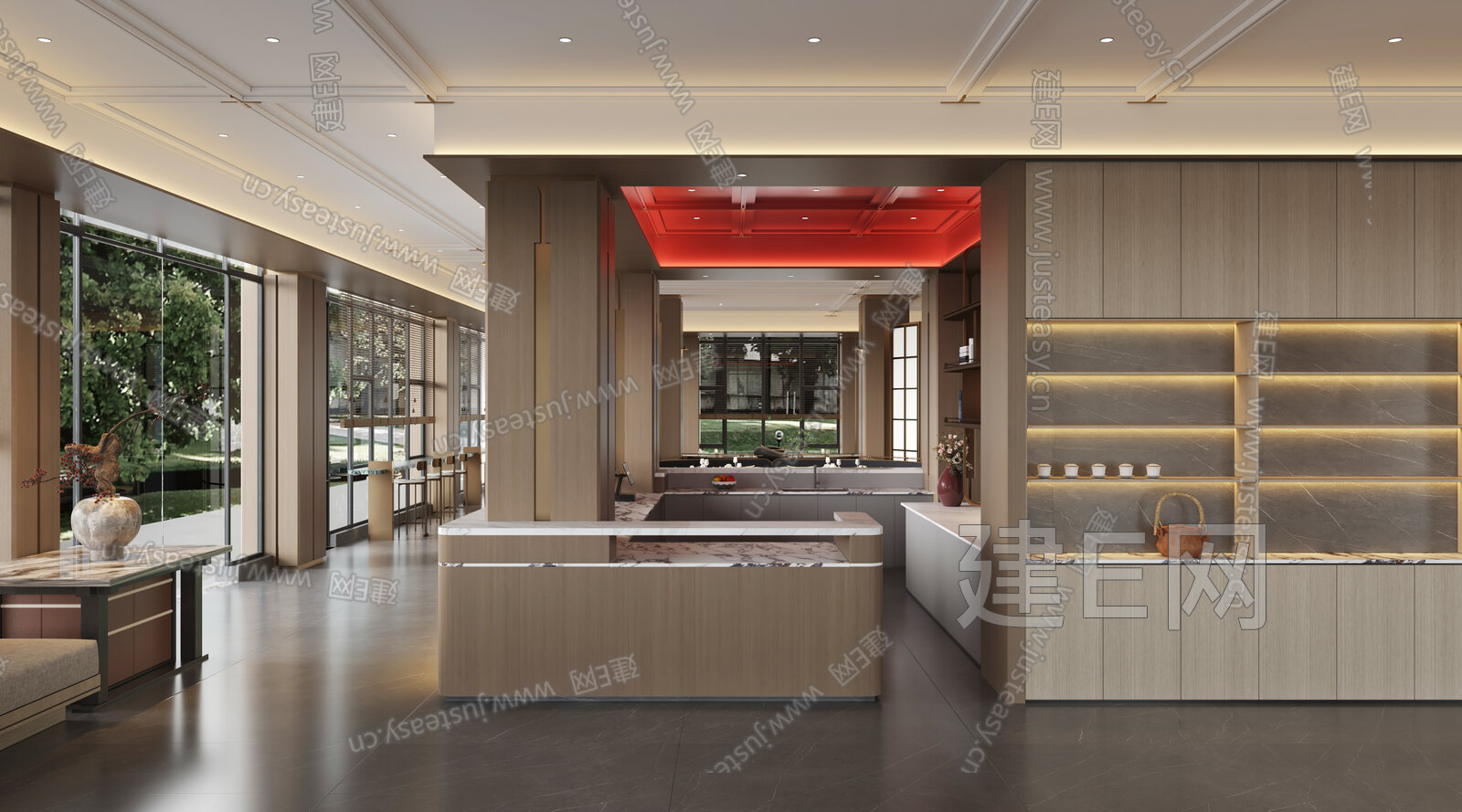 【中式古典西餐厅 综合前台 接待台 服务台 咖啡吧 新中式酒店前台3d模型】建e网中式古典西餐厅 综合前台 接待台 服务台 咖啡吧 新中式