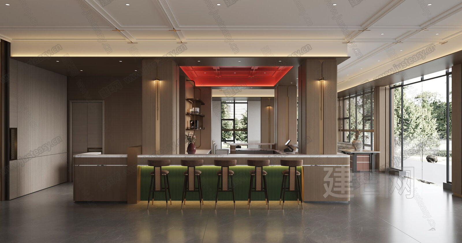 【中式古典西餐厅 综合前台 接待台 服务台 咖啡吧 新中式酒店前台3d模型】建e网中式古典西餐厅 综合前台 接待台 服务台 咖啡吧 新中式