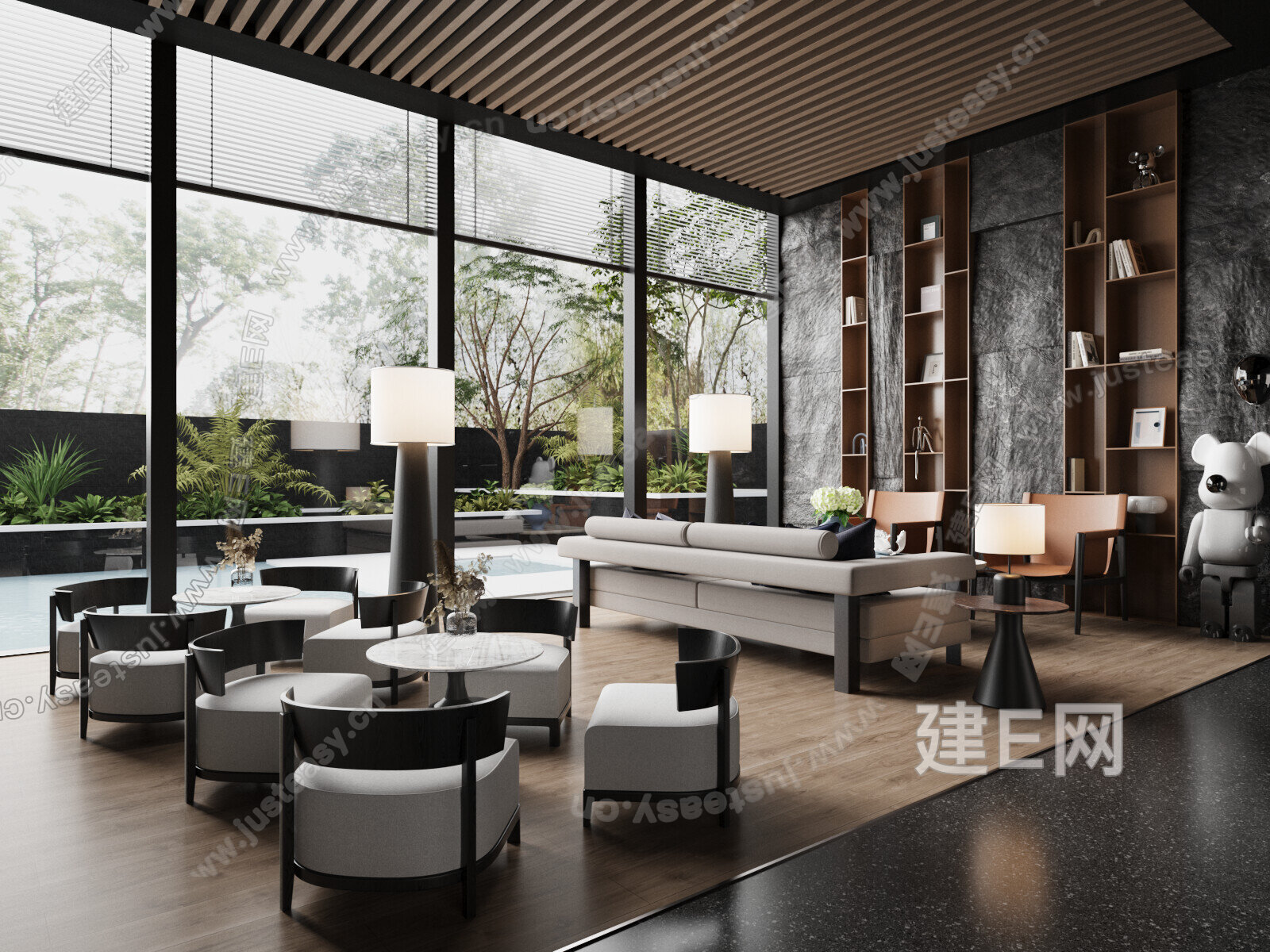 现代售楼部洽谈处 沙发茶几组合 落地灯 洽谈桌椅组合模型SU模型下载[ID:109599122]_建e网su模型