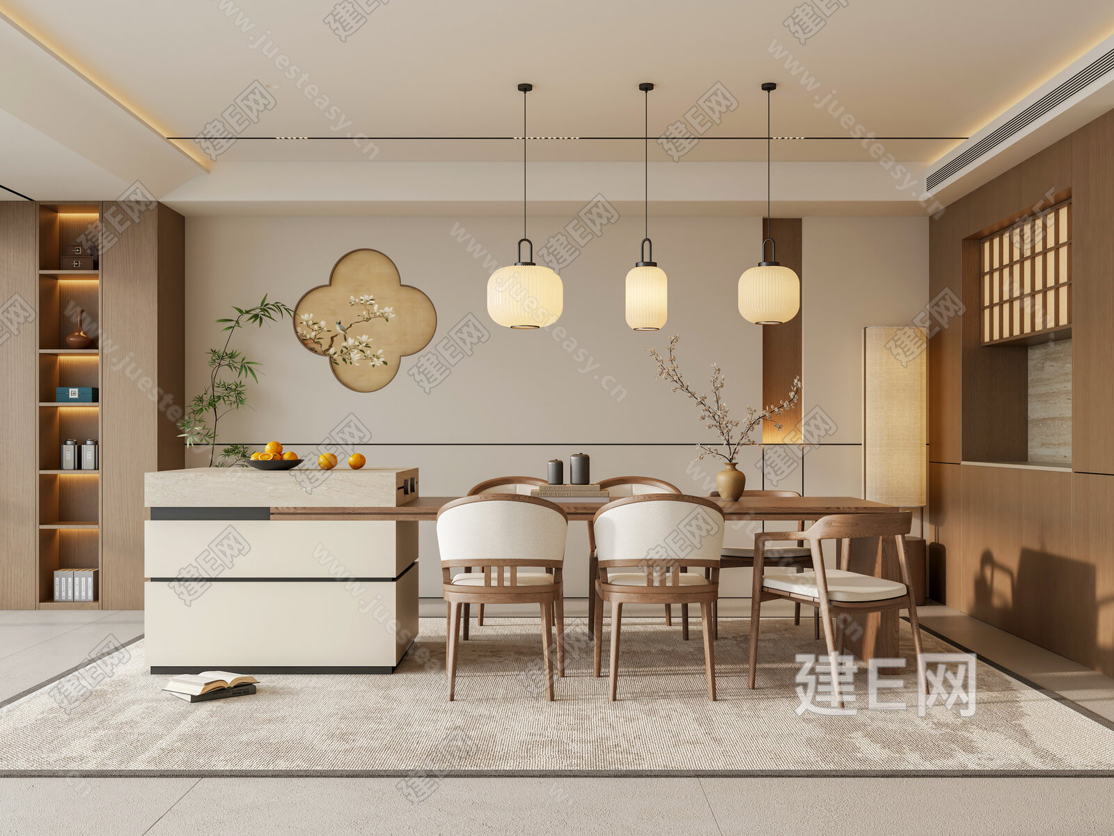 禅意新中式家居餐厅 宋代美学 餐厅背景墙 岛台餐桌椅组合 餐厅吊灯 宋式餐边柜模型SU模型下载[ID:104356850]_建e网su模型